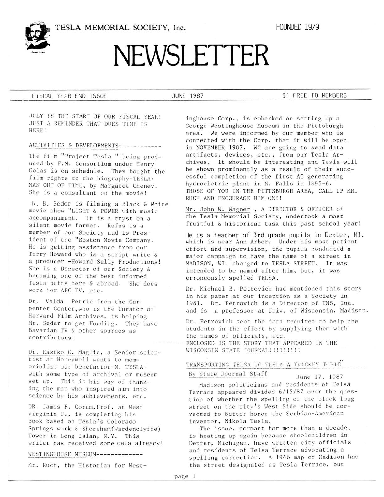 Tesla Memorial Society Newsletter - June 1987 | Tesla Universe