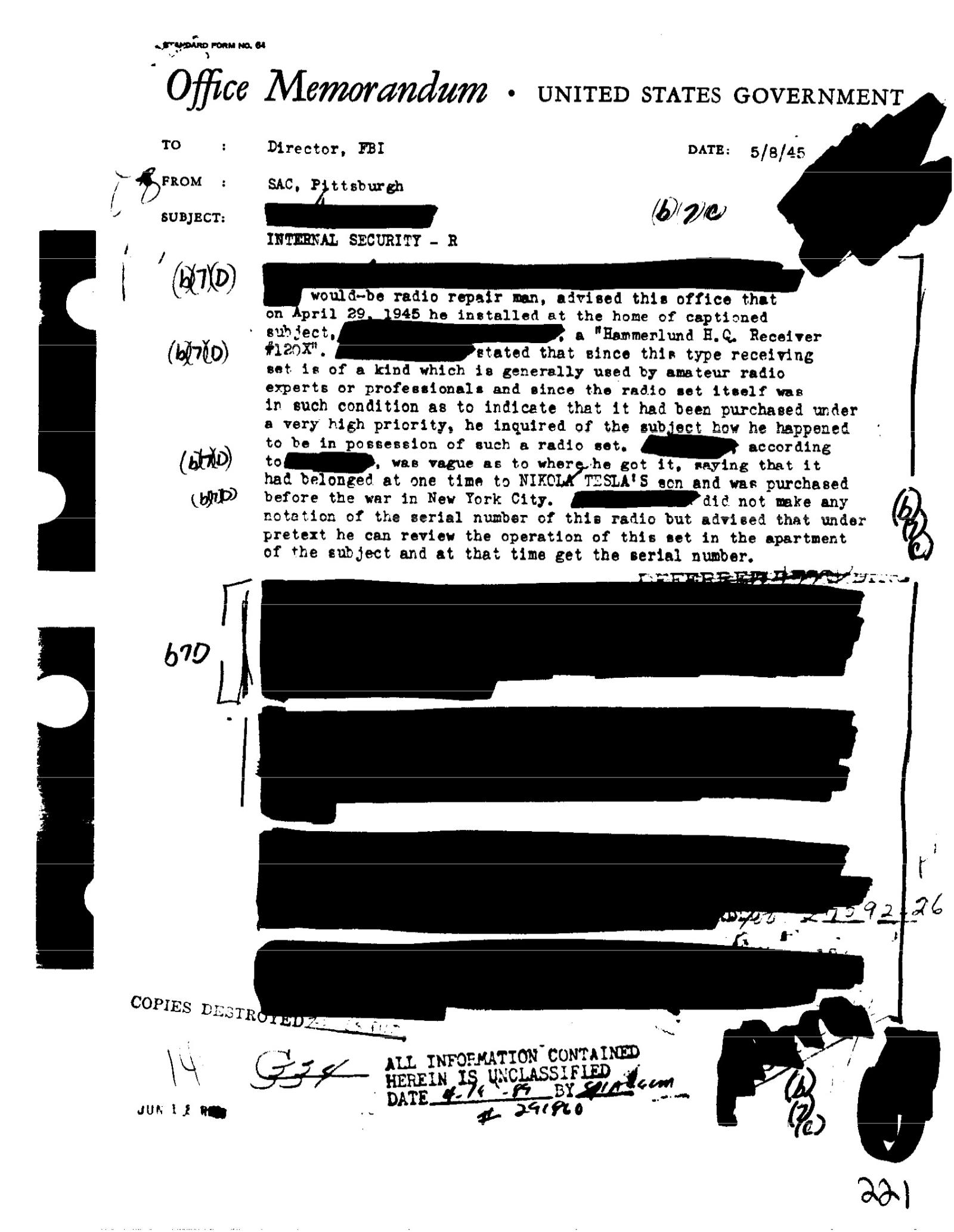 Nikola Tesla FBI Files - Page 221 | Tesla Universe