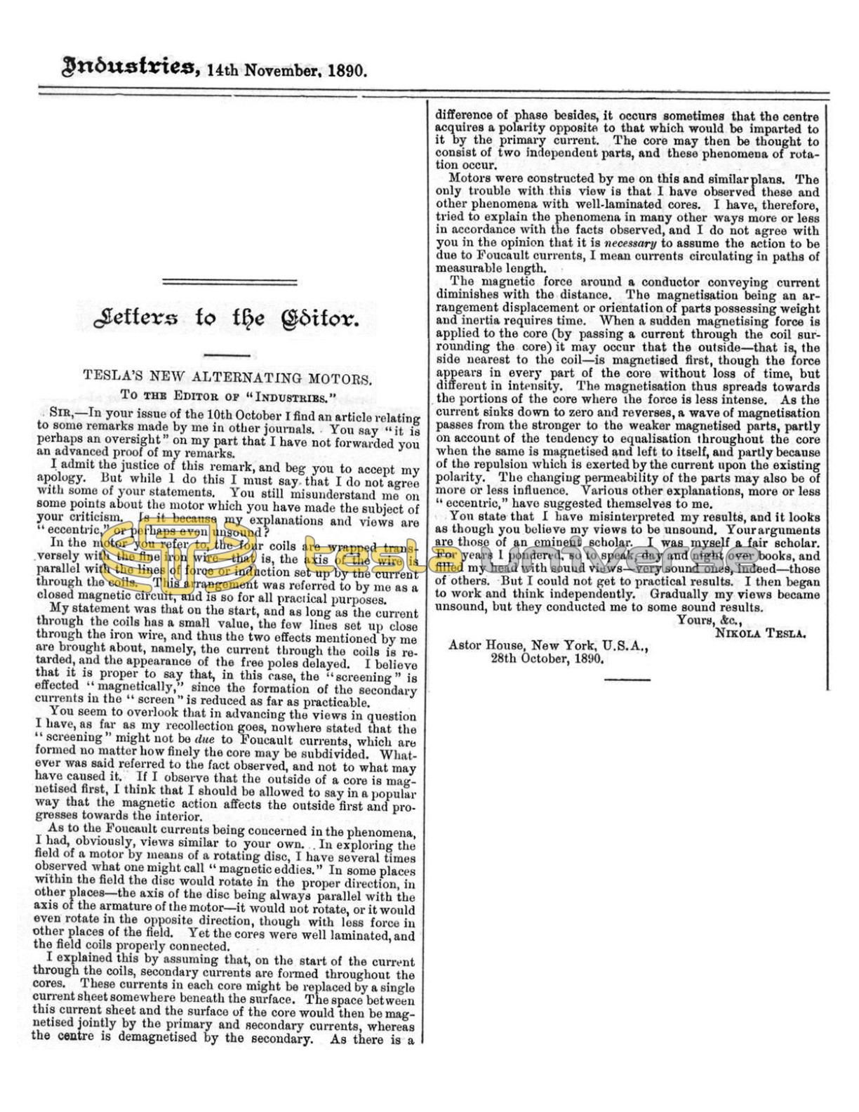 Tesla's New Alternating Motors (Nov. 14, 1890 Letter from Tesla ...