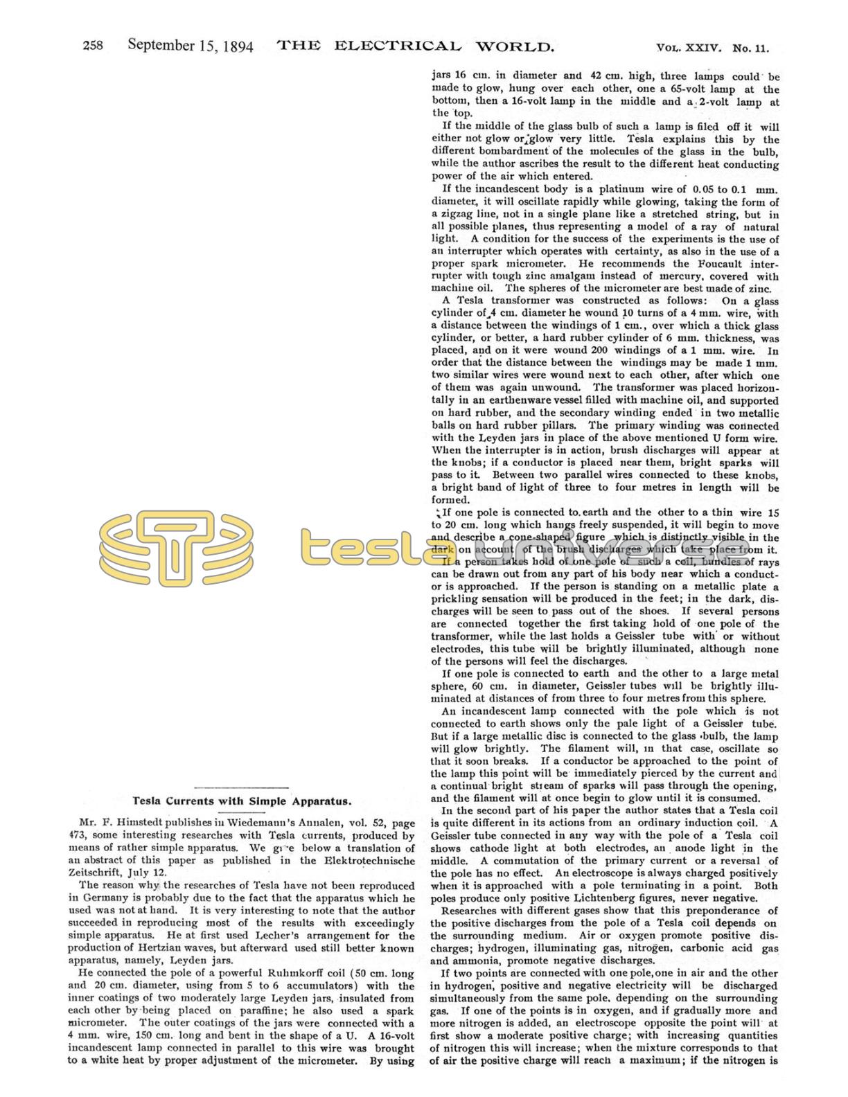 Tesla Currents with Simple Apparatus | Tesla Universe