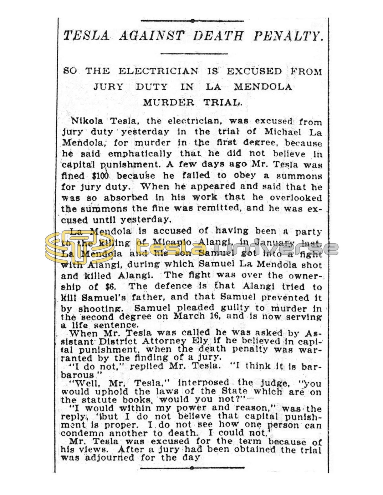 Tesla Against Death Penalty | Tesla Universe