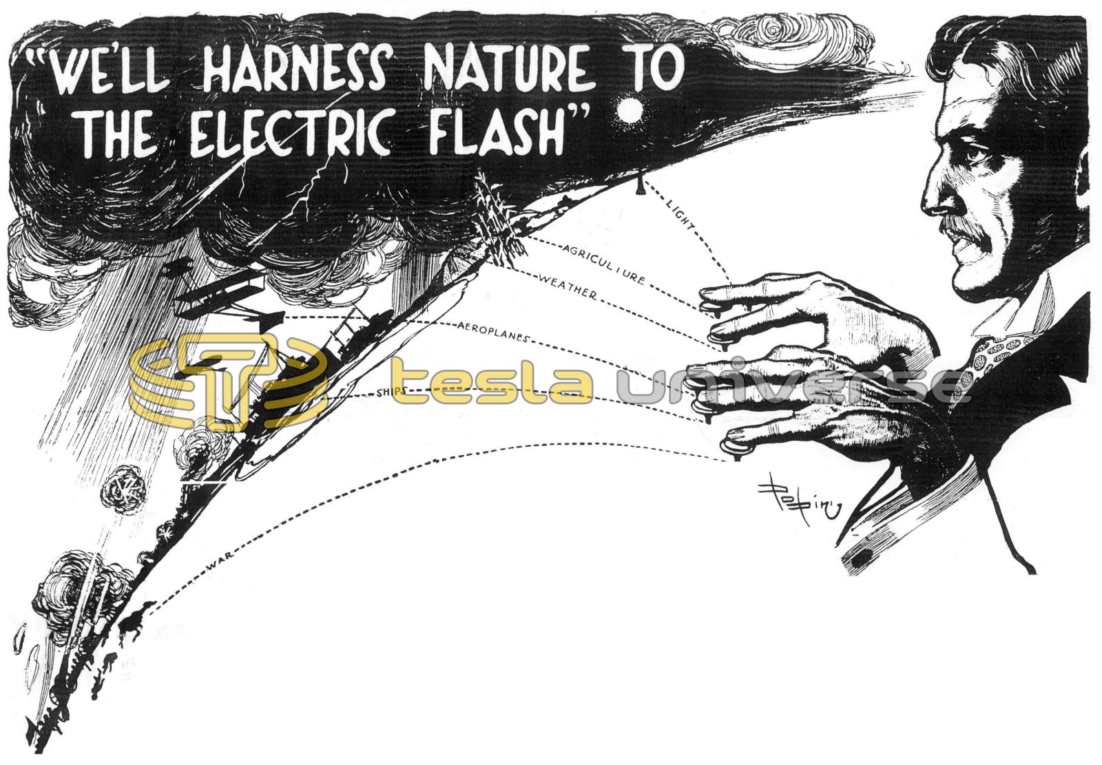 Illustration of Nikola Tesla harnessing nature through his fingertips ...
