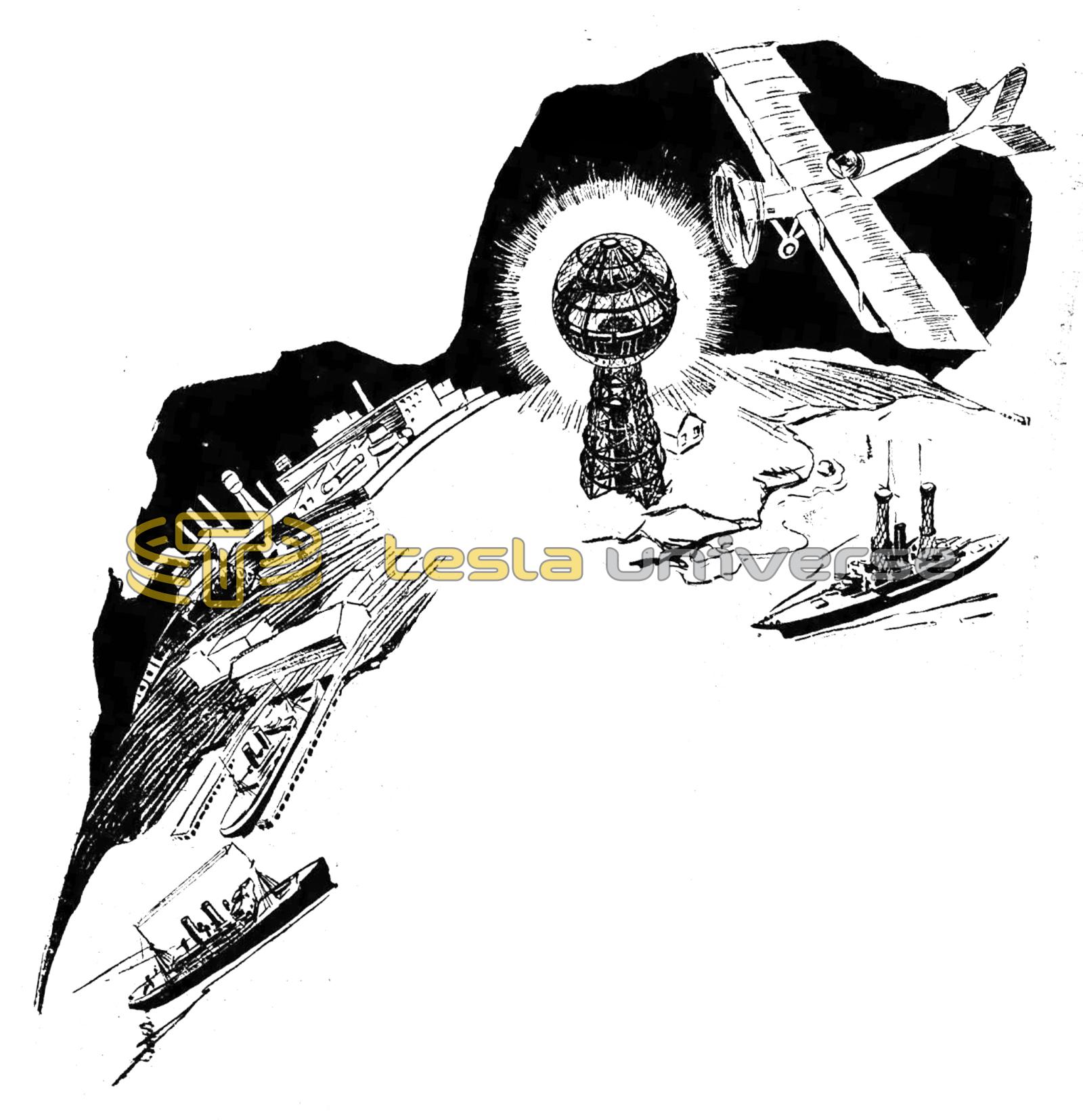 Illustration of Tesla's tower transmitting power to ships and planes ...