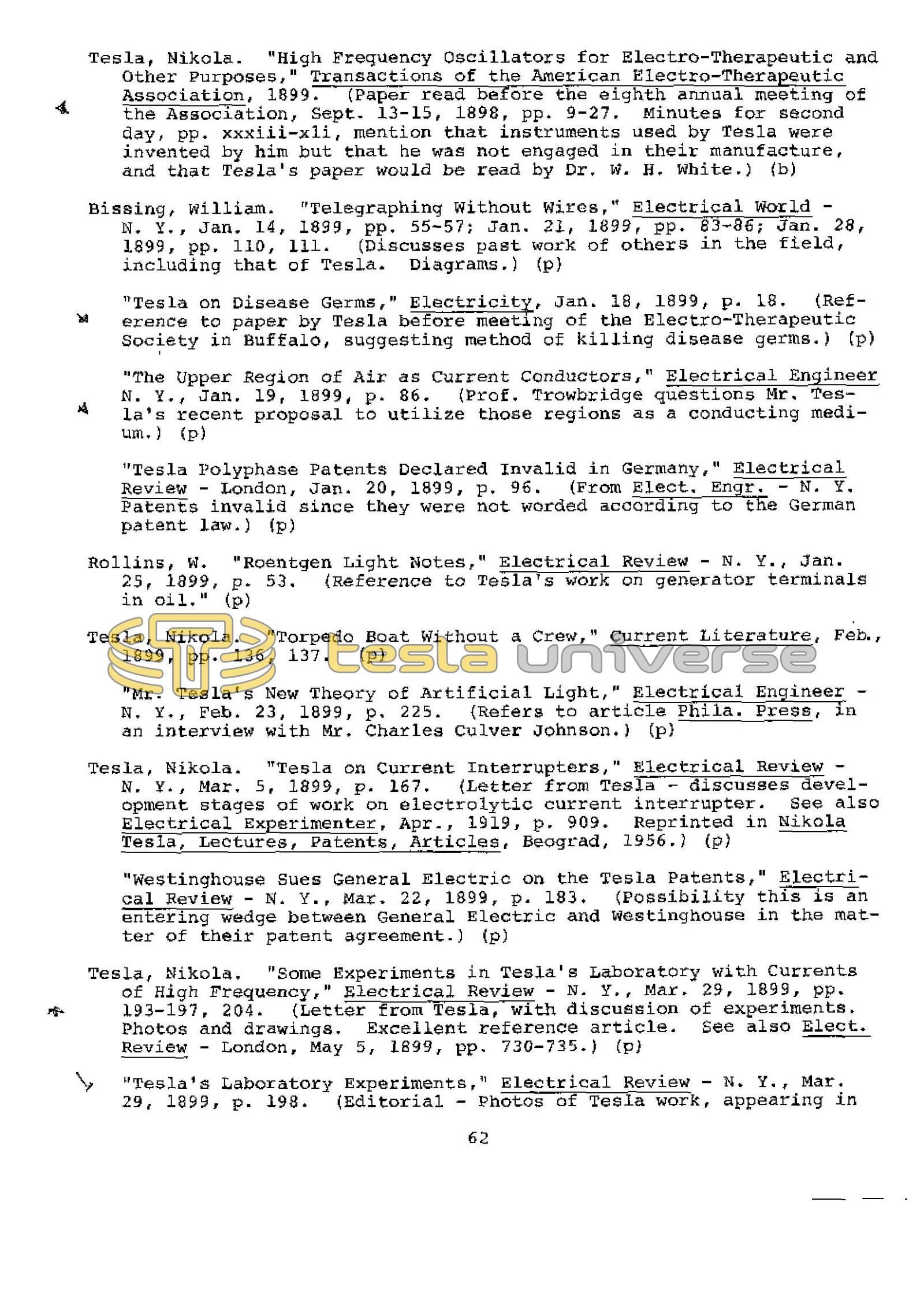 Dr. Nikola Tesla Bibliography - Page 62 | Tesla Universe