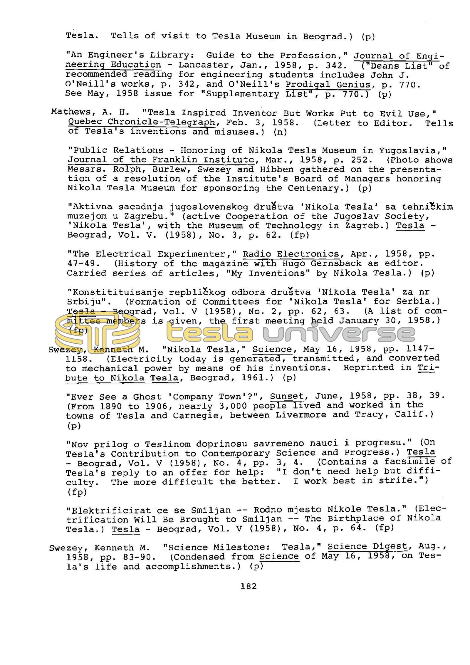 Dr. Nikola Tesla Bibliography - Page 182 | Tesla Universe