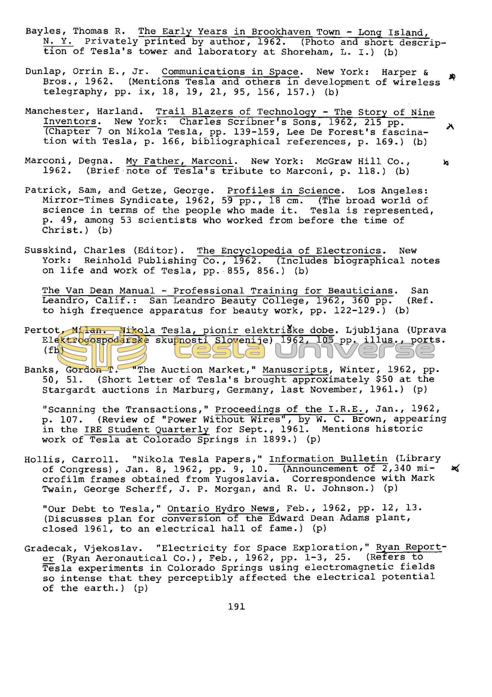 Dr. Nikola Tesla Bibliography - Page 191 | Tesla Universe