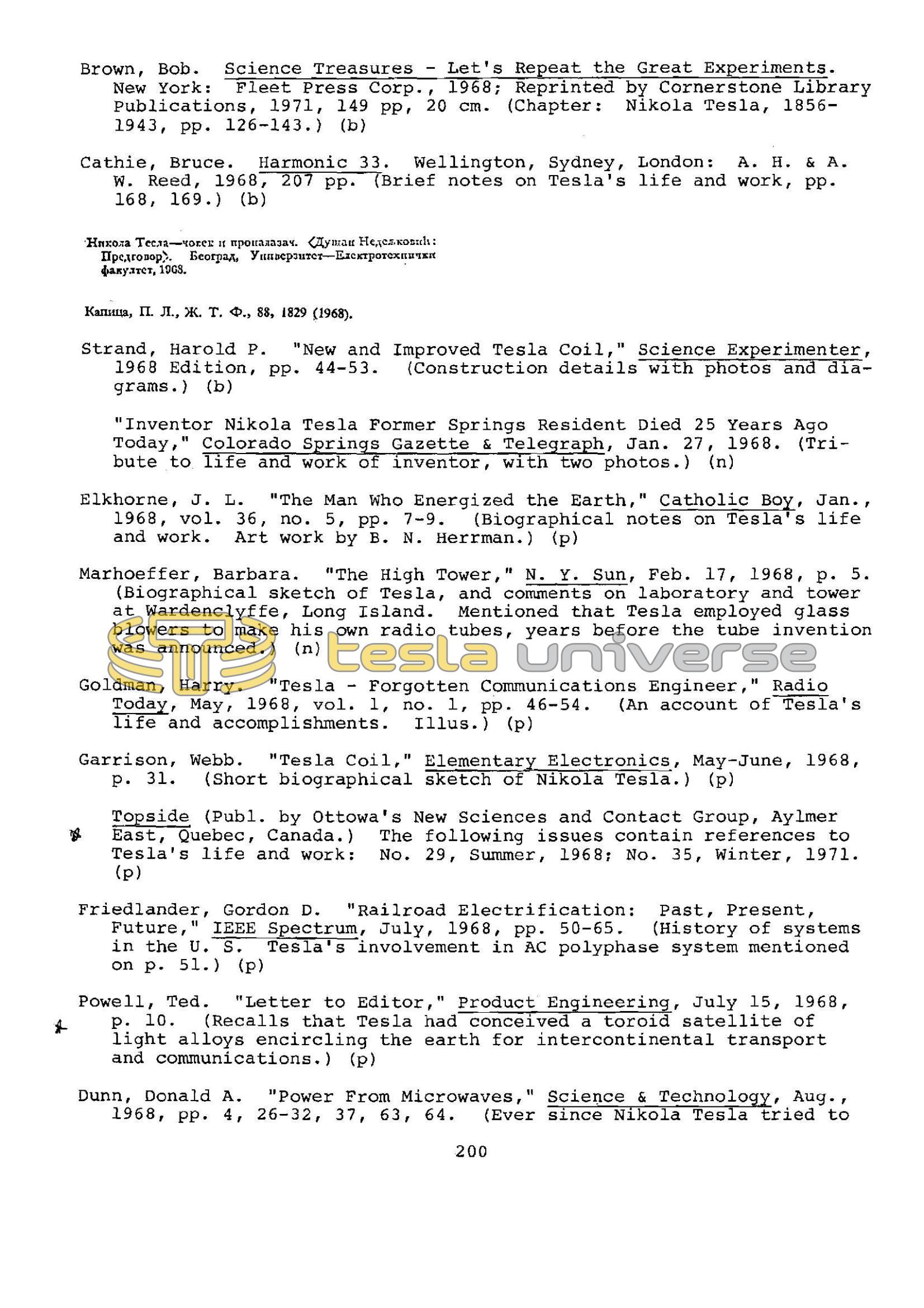 Dr. Nikola Tesla Bibliography - Page 200 | Tesla Universe