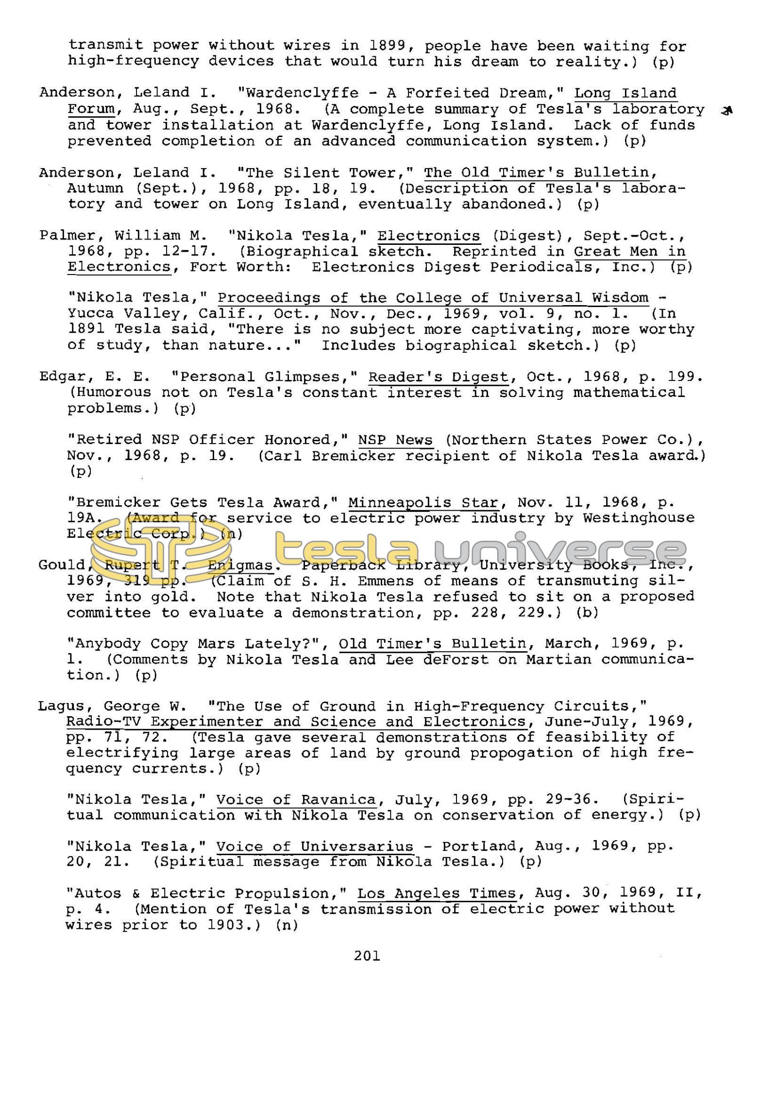 Dr. Nikola Tesla Bibliography - Page 201 | Tesla Universe