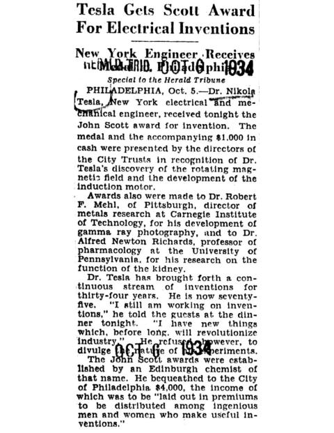 Tesla Gets Scott Award For Electrical Inventions | Tesla Universe