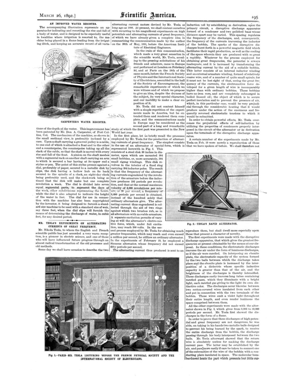 Mr. Tesla's Experiments on Alternating Currents of Great Frequency ...