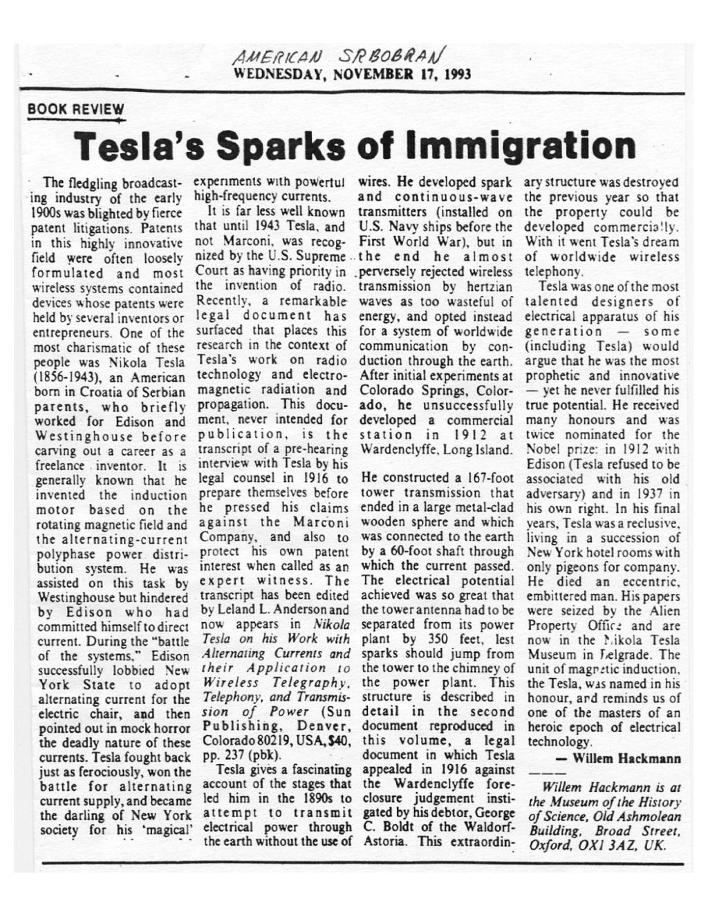 Book Review - Tesla's Sparks of Immigration | Tesla Universe
