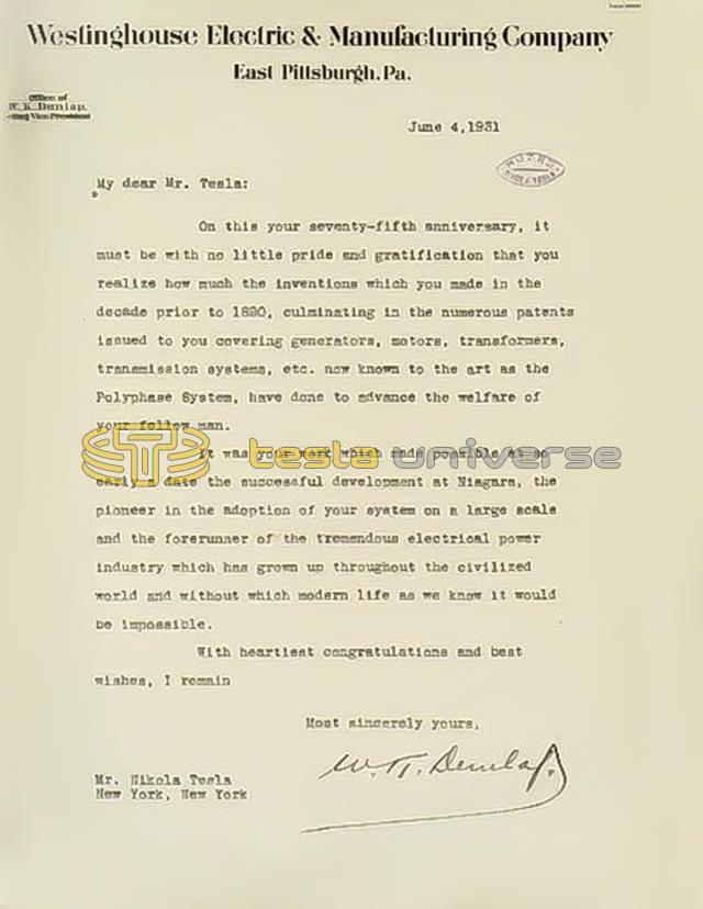 June 4th, 1931 letter from W. K. Dunlap to Nikola Tesla | Tesla Universe