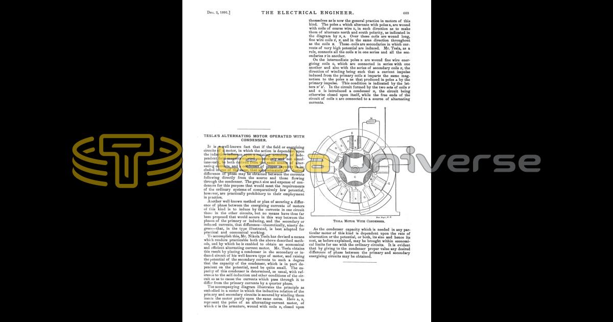 Tesla's Alternating Motor Operated with Condenser | Tesla Universe Tesla's Alternating Motor Operated with Condenser | Tesla Universe
