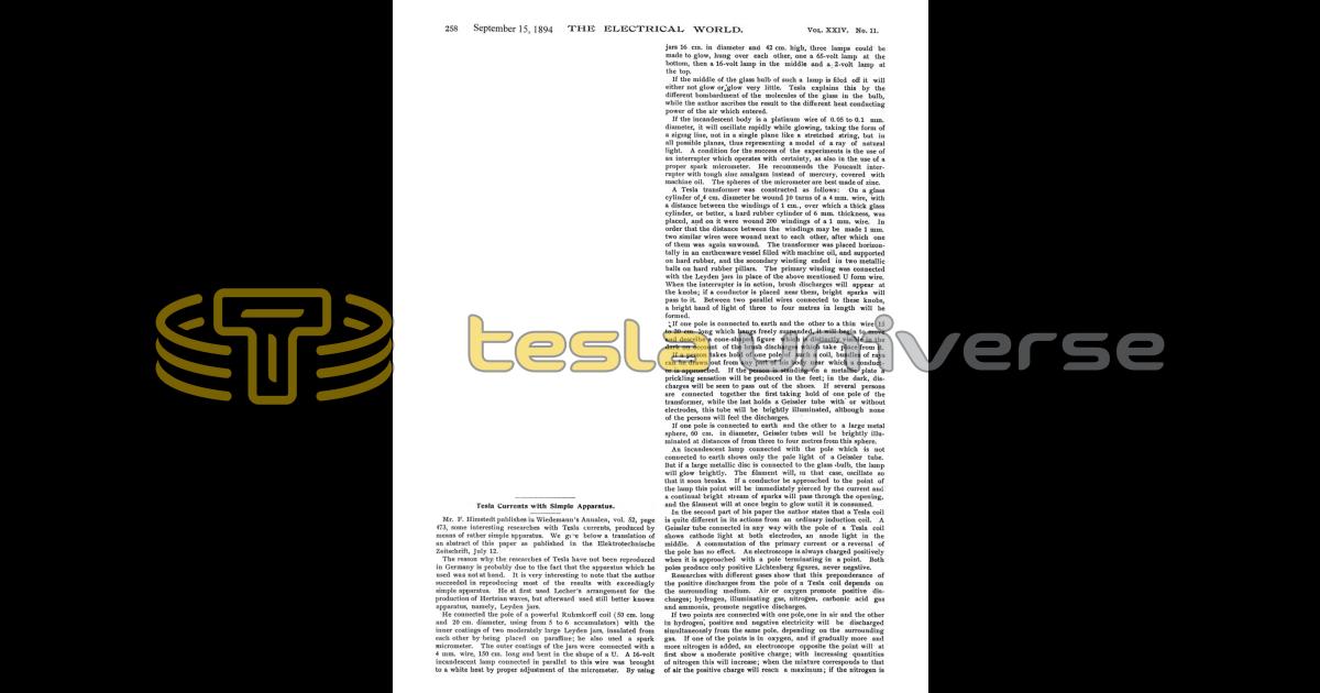 Tesla Currents with Simple Apparatus | Tesla Universe