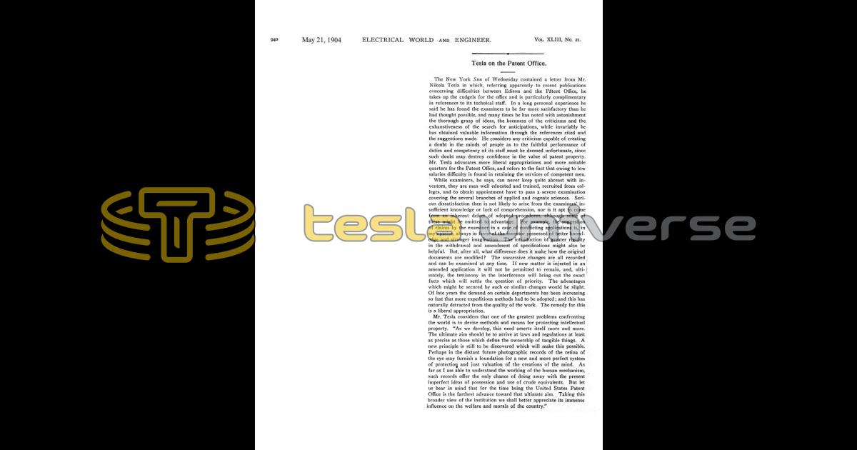 Tesla on the Patent Office | Tesla Universe