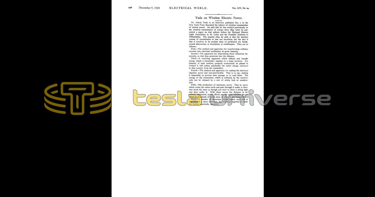 Tesla on Wireless Electric Power | Tesla Universe