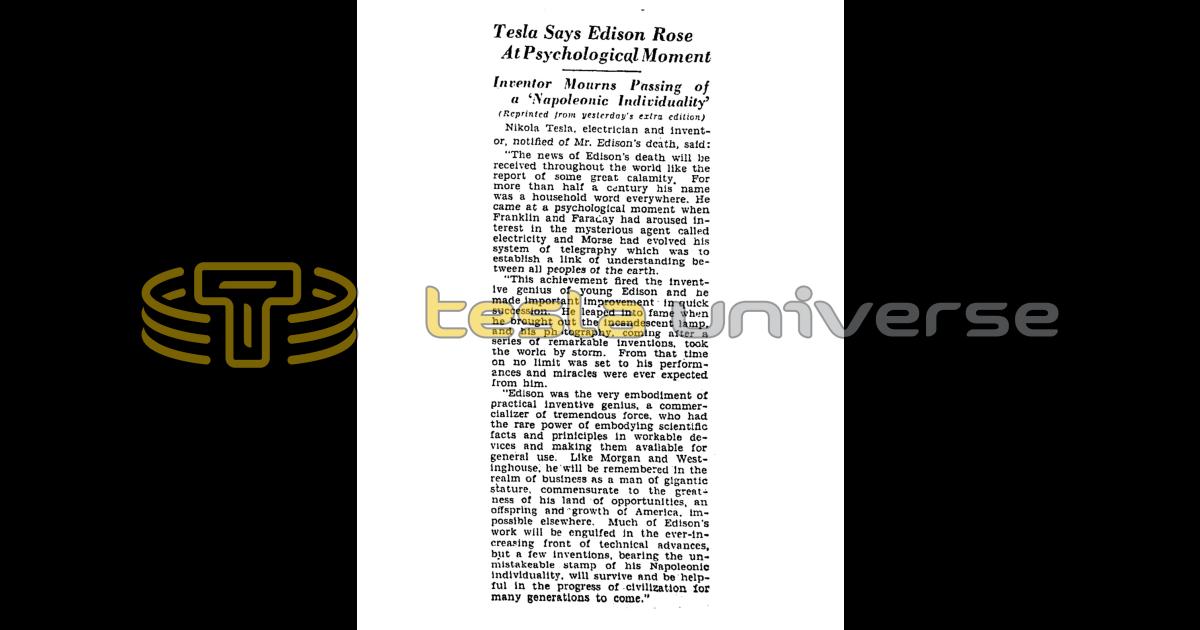 Tesla Says Edison Rose At Psychological Moment | Tesla Universe